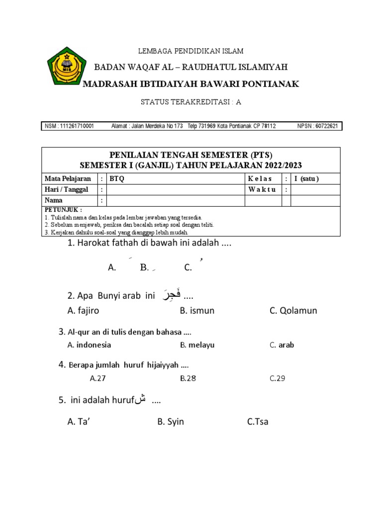 Soal BTQ Kls 1 Pts Ganjil | PDF