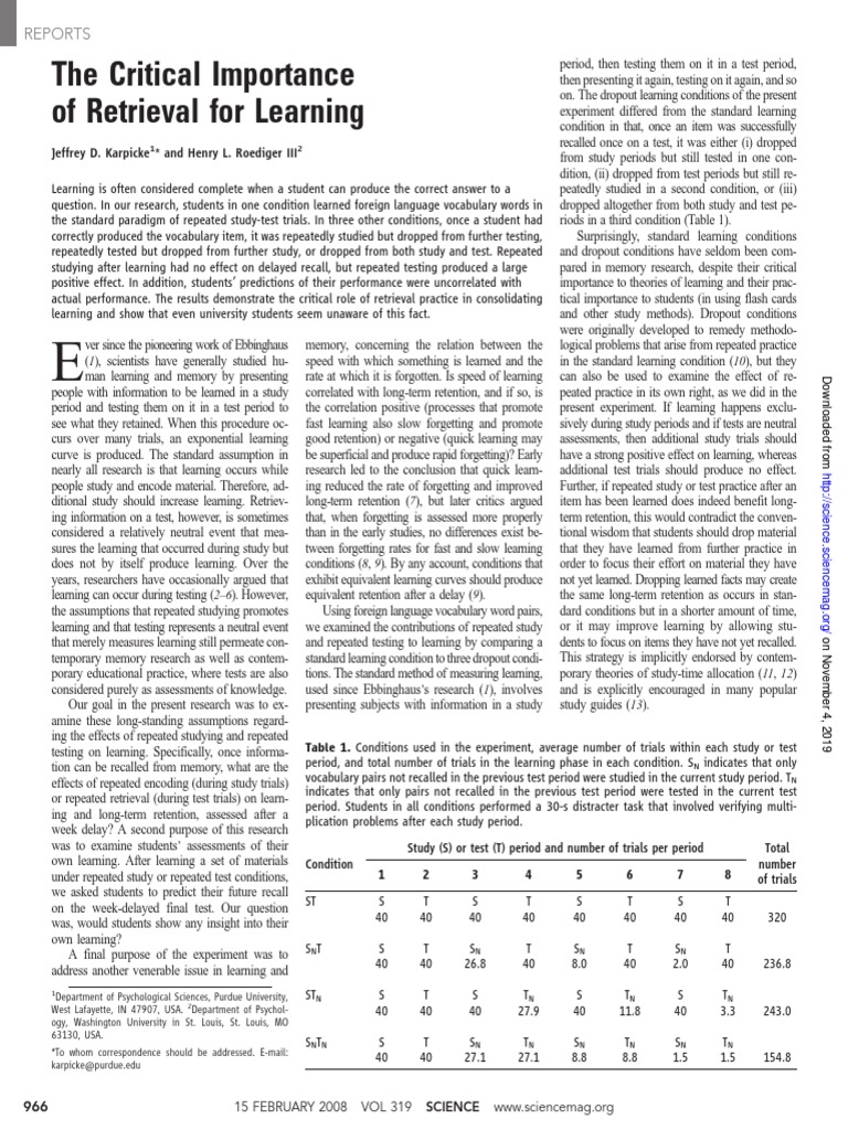 Importance of Retrieval for Learning | PDF | Recall (Memory) | Learning