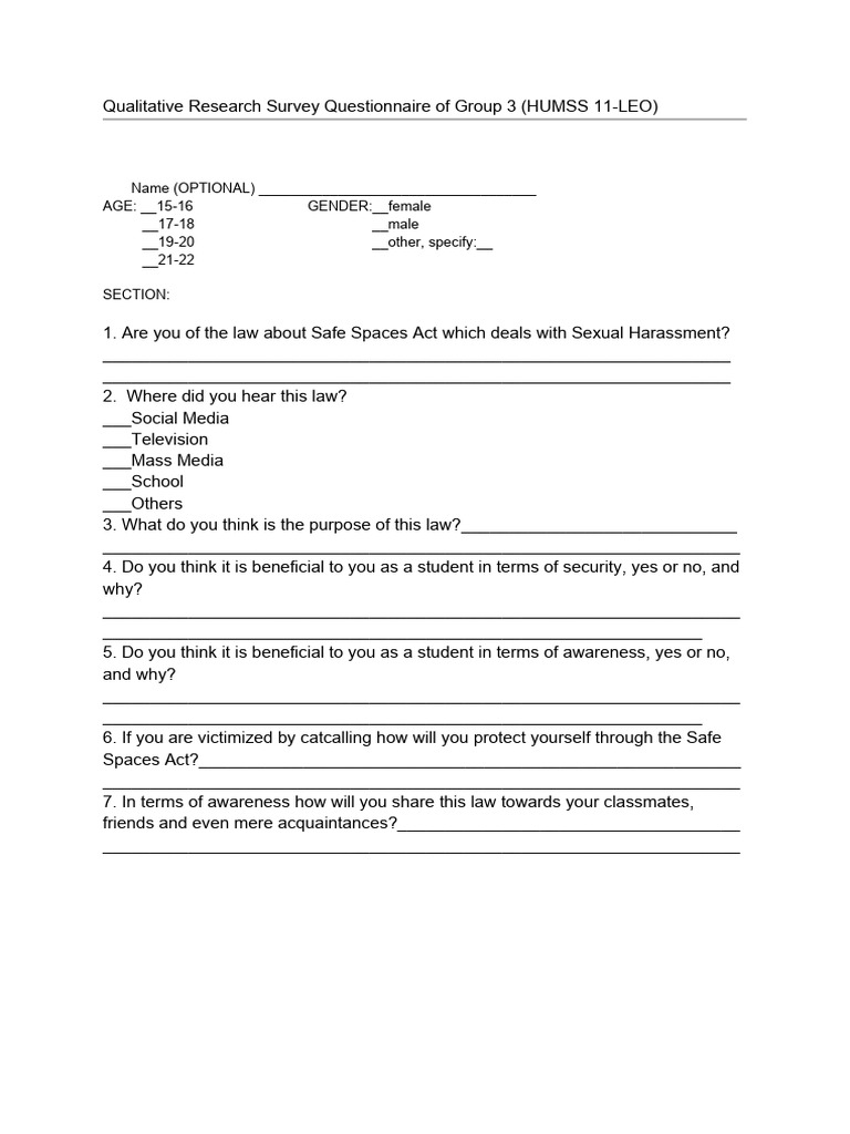 Qualitative Research Survey Questionnaire of Group 3 (HUMSS 11-LEO ...
