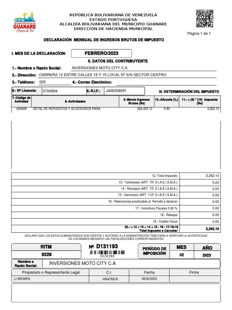 Declaración Impuesto Inversiones Moto City | PDF
