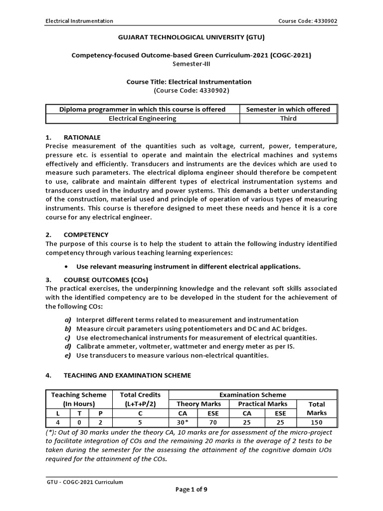 Electrical Instrumentation Course Code: 4330902: Page 1 of 9 | PDF ...