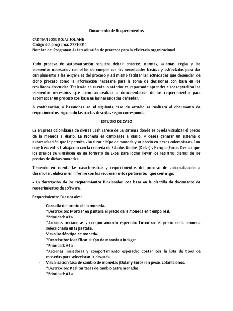 Documento de Requerimientos | Descargar gratis PDF | Microsoft Excel ...