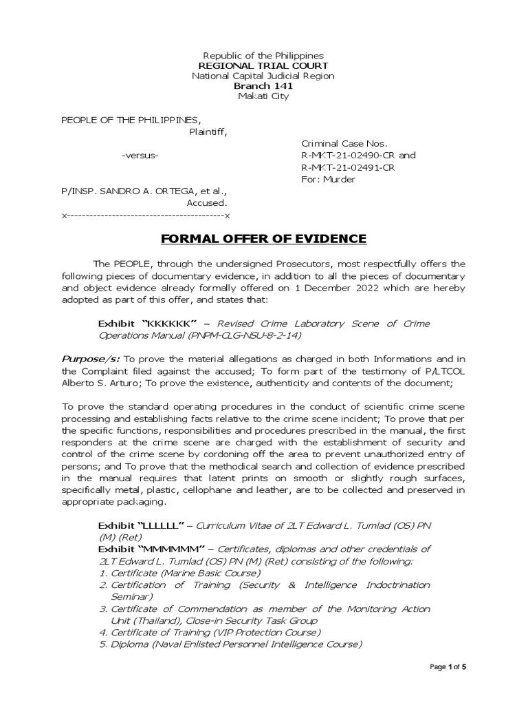 Formal Offer of Evidence - PP V Ortega (NUNEZ) E | PDF | Crime Scene ...