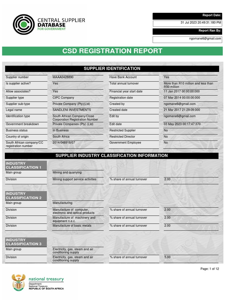 CSD Registration Report: Supplier Identification | PDF