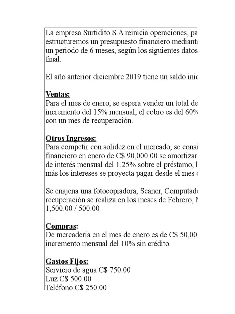 Ejercicio de Finanzas II 3110 | PDF | Presupuesto | Business