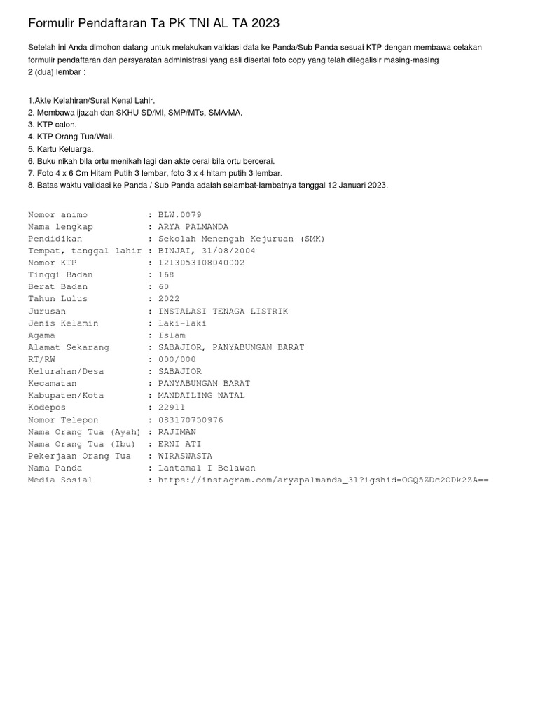 Formulir Pendaftaran Ta PK TNI AL TA 2023 | PDF