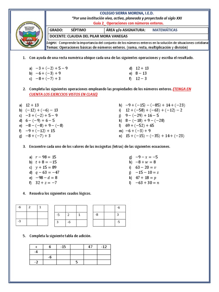 Guia 2 - Septimo - Operaciones de Numeros Enteros | PDF | Entero | Matemáticas