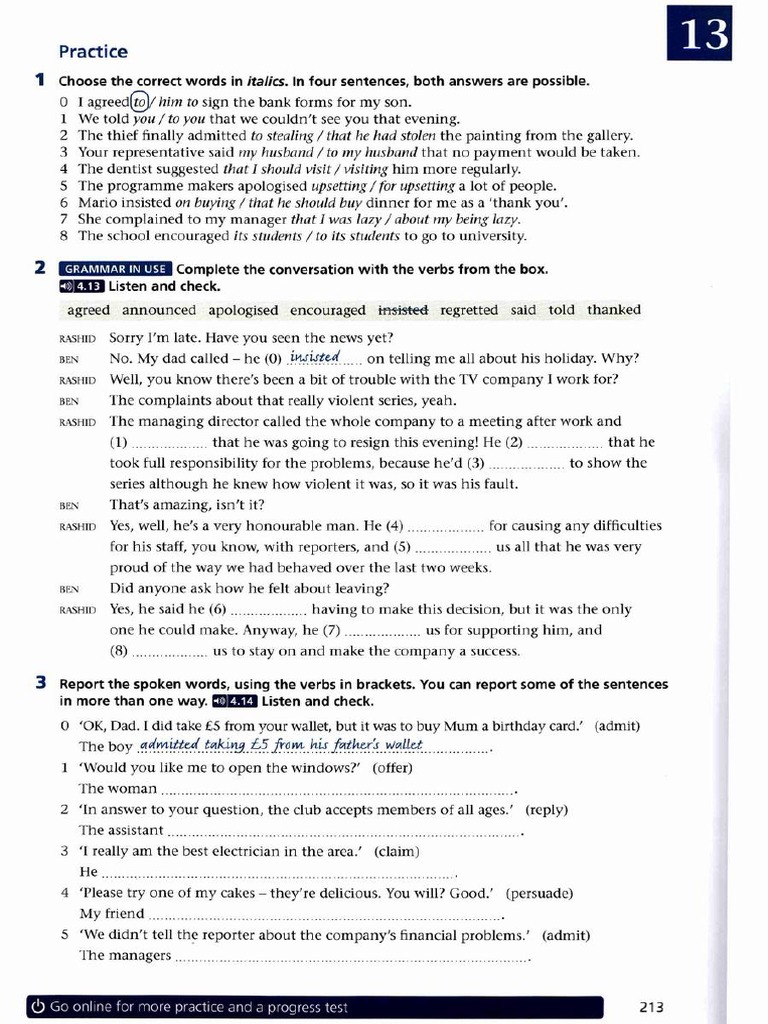 Reported Speech Verb Patterns EXERCISE | PDF