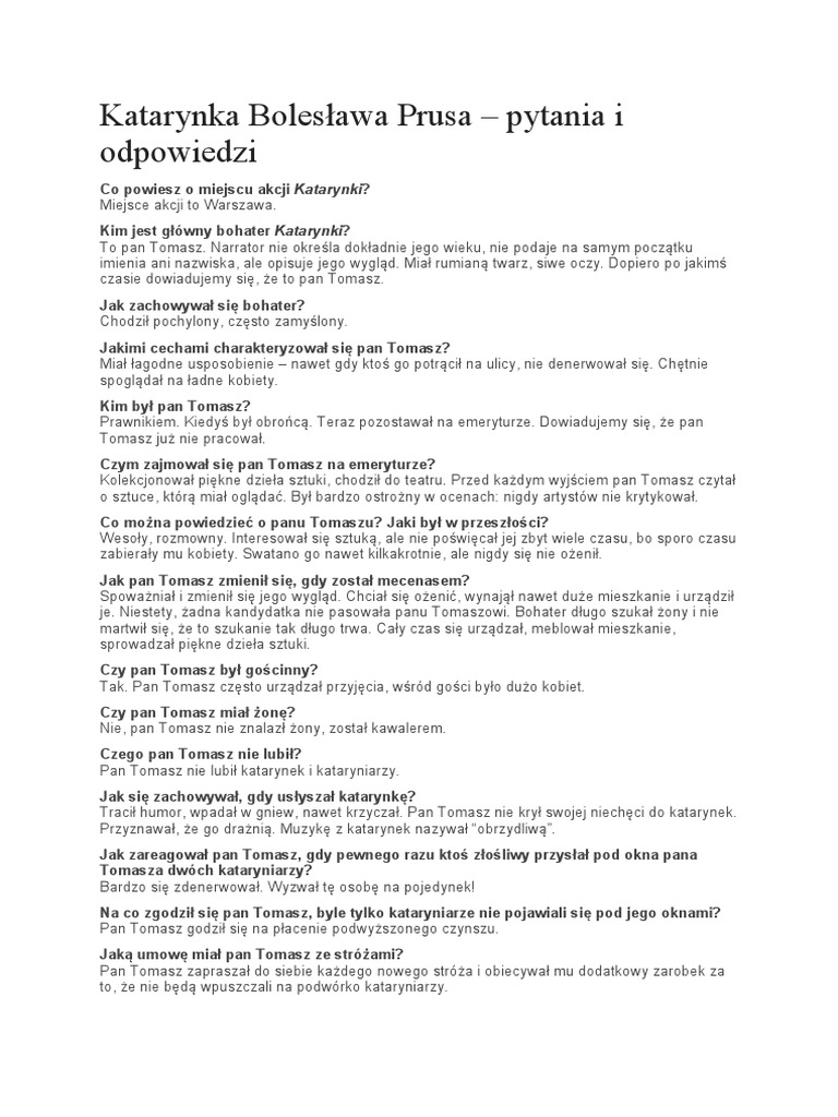 Katarynka Pytania I Odpowiedzi | PDF