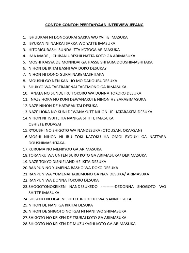 Contoh Contoh Peertanyaan Interview Jepang | PDF
