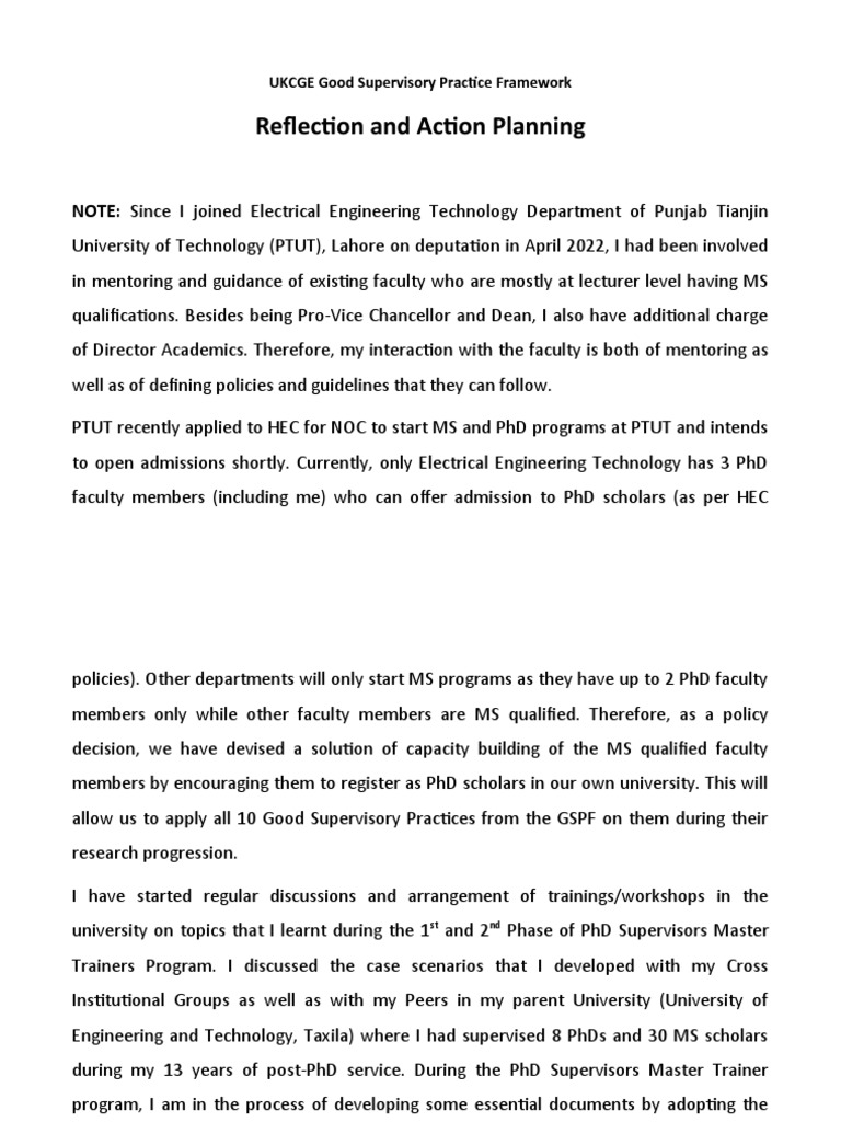 UKCGE Good Supervisory Practice Framework - Reflection - Action - Plan ...