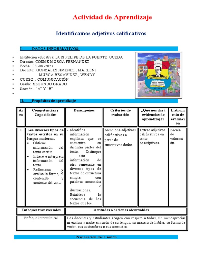 Identificamos Adjetivos Calificativos Refuerzo Escolar Unidad Pdf