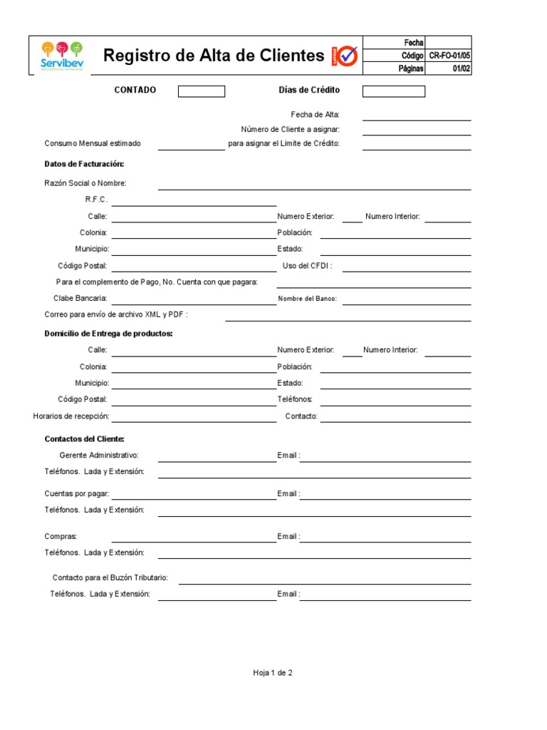 Formato CR-FO-01-05 Registro de Alta de Clientes | Descargar gratis PDF ...