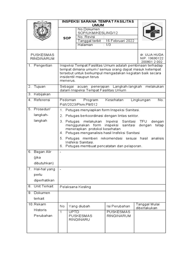 SOP 12 Inspeksi Sarana Tempat Fasilitas Umum | PDF