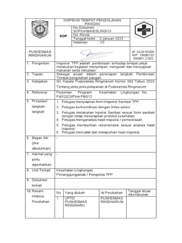 SOP 13 Inspeksi Tempat Pengolahan Pangan | PDF