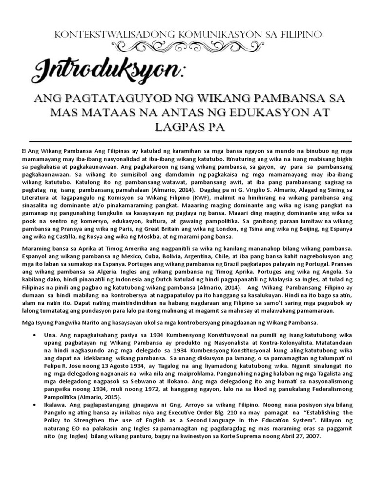 Lecture No. 1 Ang Pagtaguyod NG Wikang Pambansa Sa Mas JYMataas Na ...