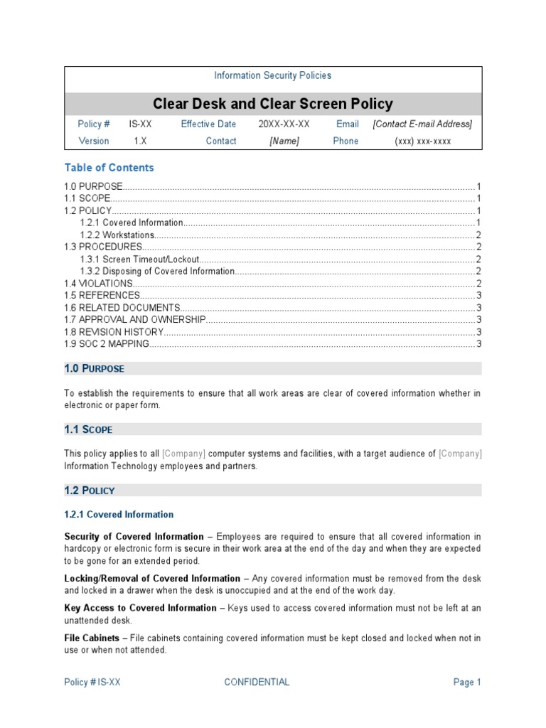 Clear Desk and Clear Screen Policy Template | PDF | Desk | Information ...