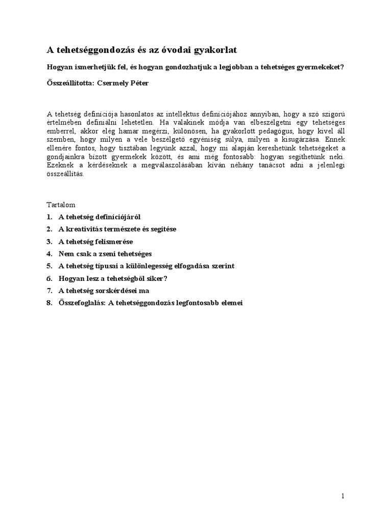 A tehetséggondozás és az óvodai gyakorlat_Csermely_Peter | PDF