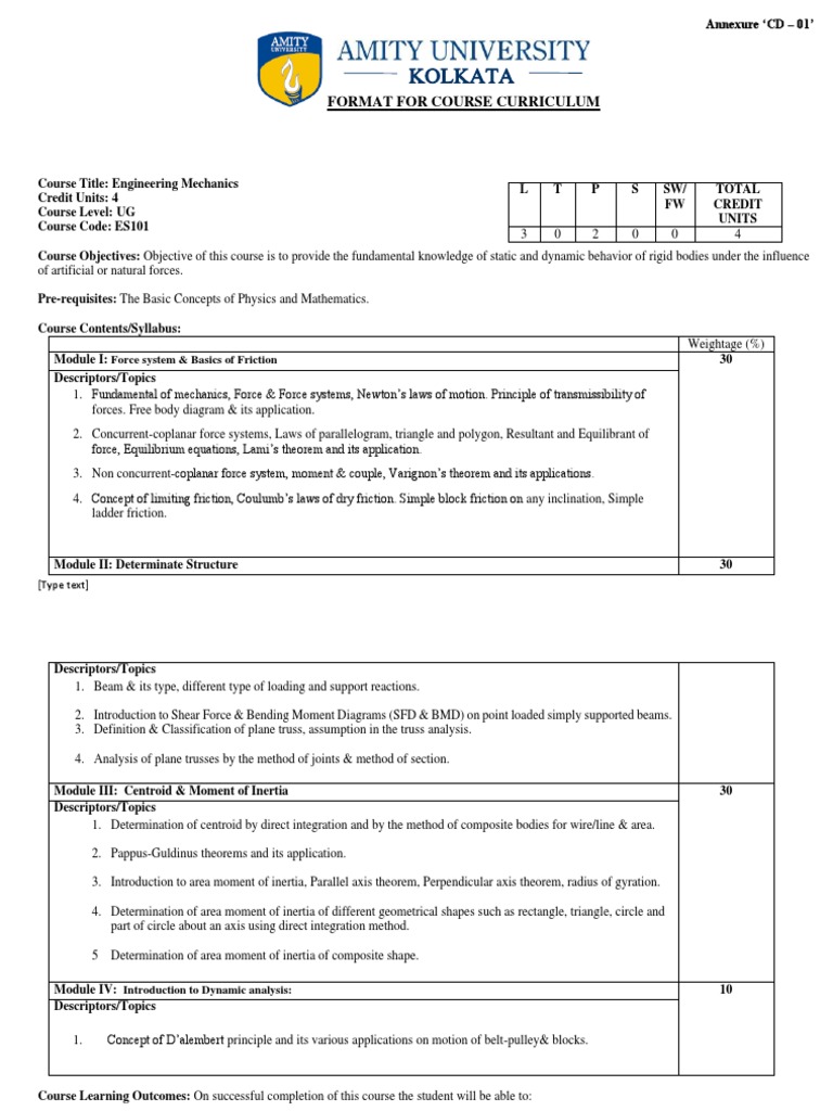 Amity Syllabus Engineering Mechanics | PDF | Force | Truss