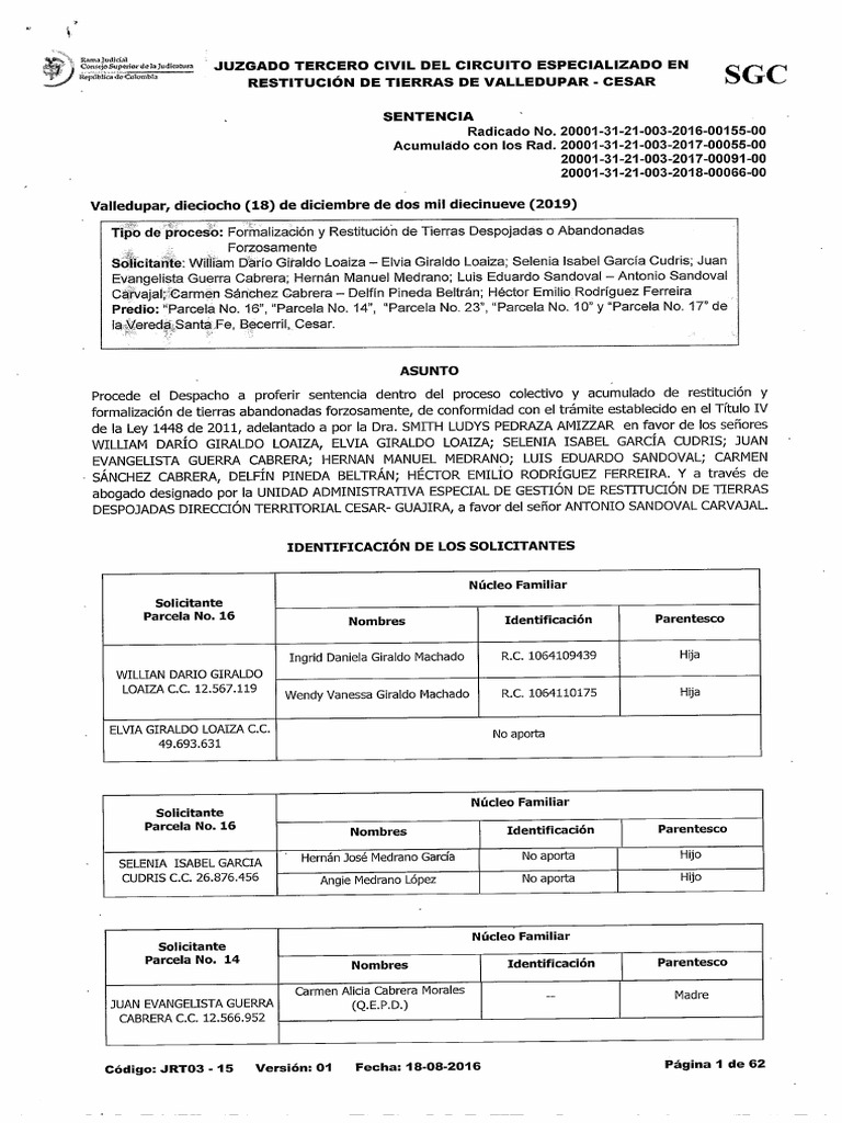 Restitución de tierras Valledupar 2019 | PDF