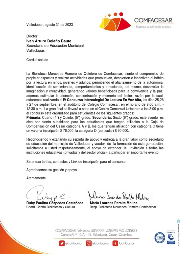 Invitación A Secretario de Educación Municipal (1) Comfacesar | PDF | Puntuación | Lectura (proceso)