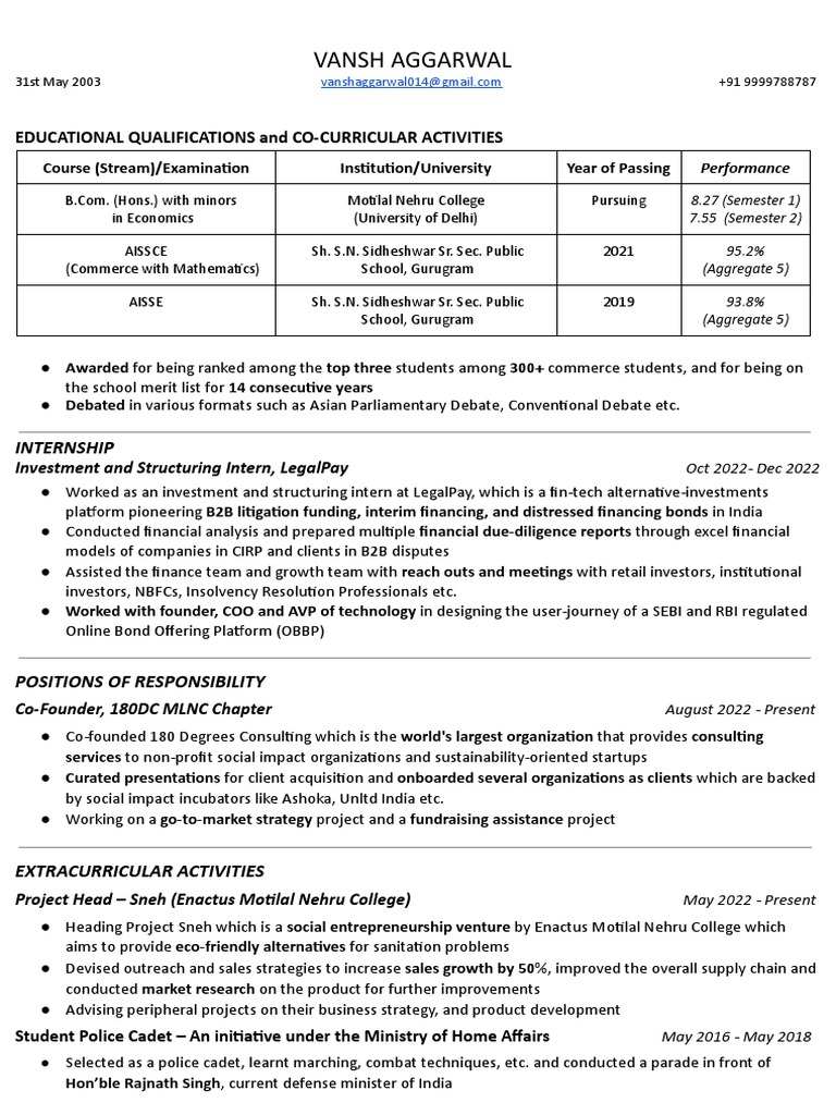 CV - Vansh Aggarwal | PDF | Economies | Investing CV - Vansh Aggarwal | PDF | Economies | Investing