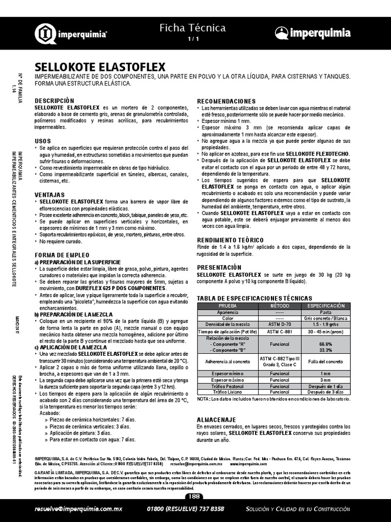 FT Sellokote Elastoflex 2 | PDF | Hormigón | Agua