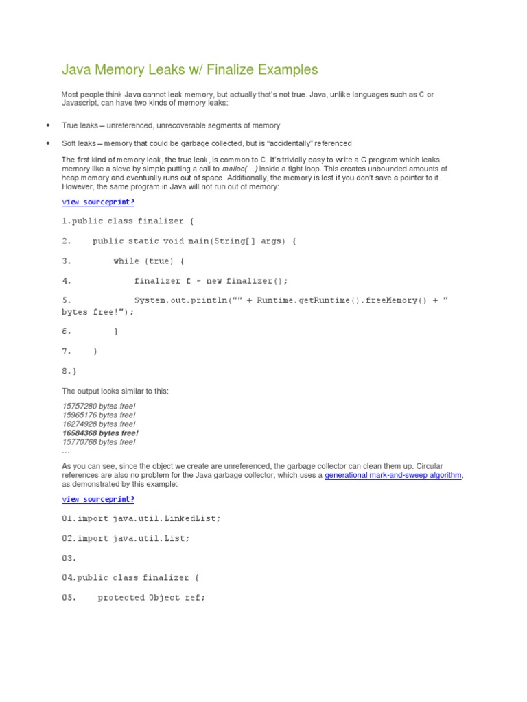 Java Memory Leaks W/ Finalize Examples: Malloc ( ) Inside A Tight Loop ...