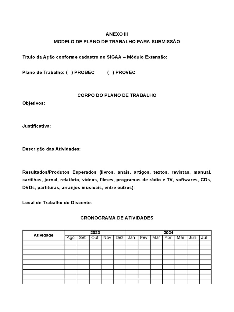 Modelo Plano de Trabalho Editável - Edital PROBEC - provEC 2023-2024 | PDF