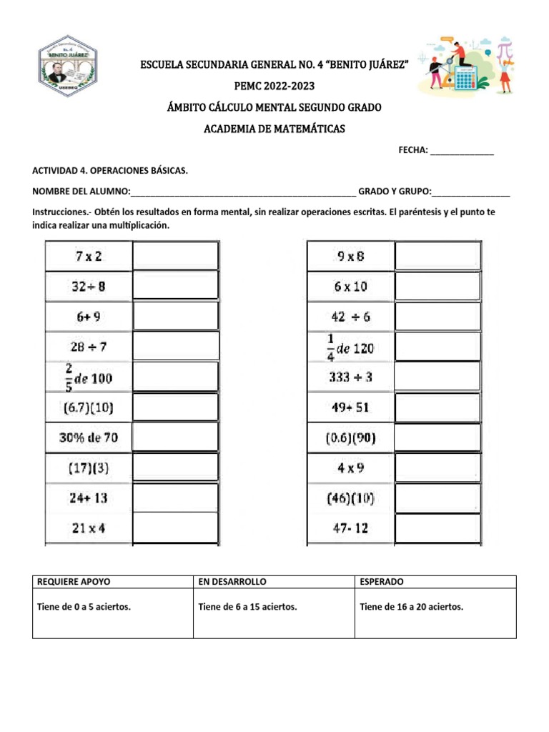 Actividad 4, Calculo Mental 2° Grado | PDF