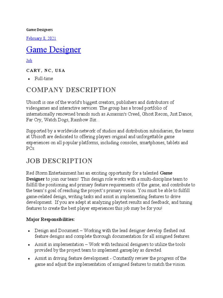 Ubisoft Game Designer Position Overview | PDF | Ubisoft