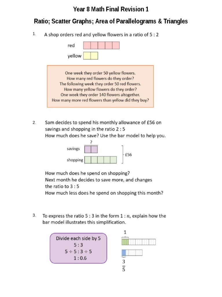 Year 8 Math Revision: Ratios & Area | PDF