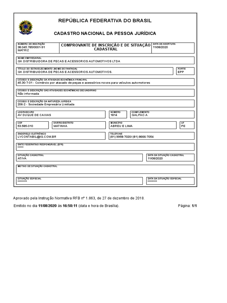 CNPJ Da Empresa. | PDF