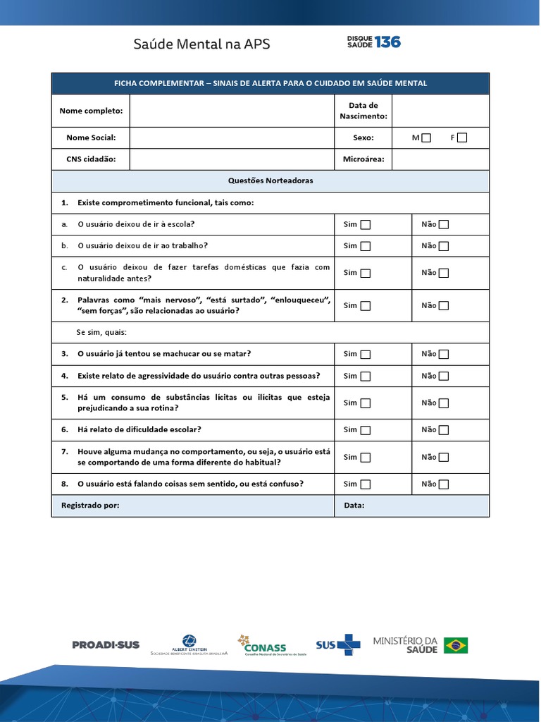 Ficha Complementar - Sinais de Alerta para o Cuidado em Saúde Mental | PDF | Autoajuda | Bem-estar
