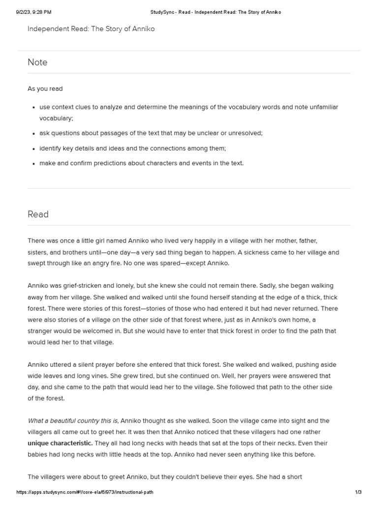 StudySync - STORY OF Anniko - Testing Our Limits | PDF