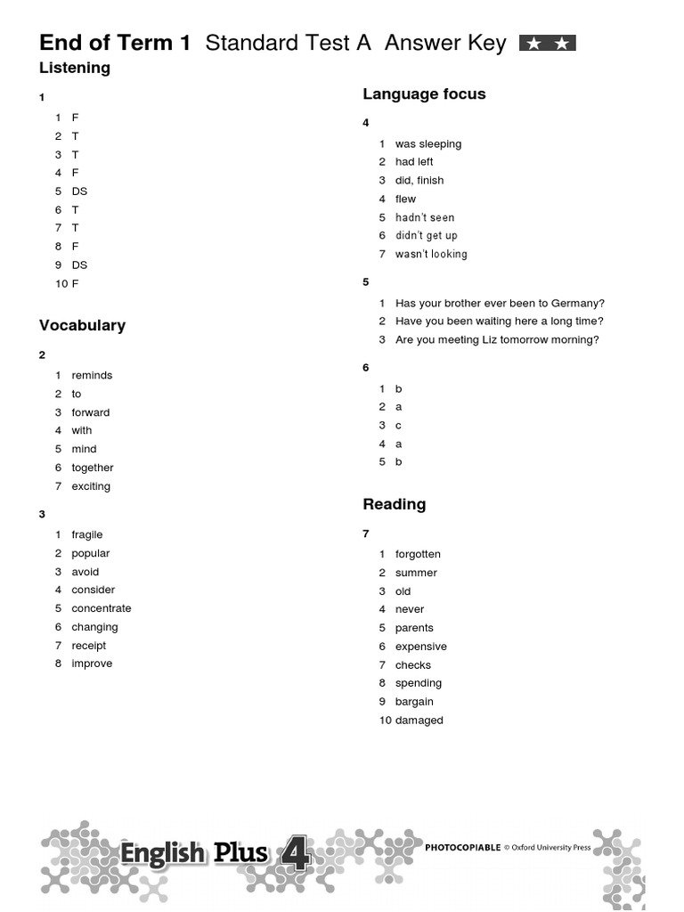 End of Term 1 Standard Test A Answers | PDF