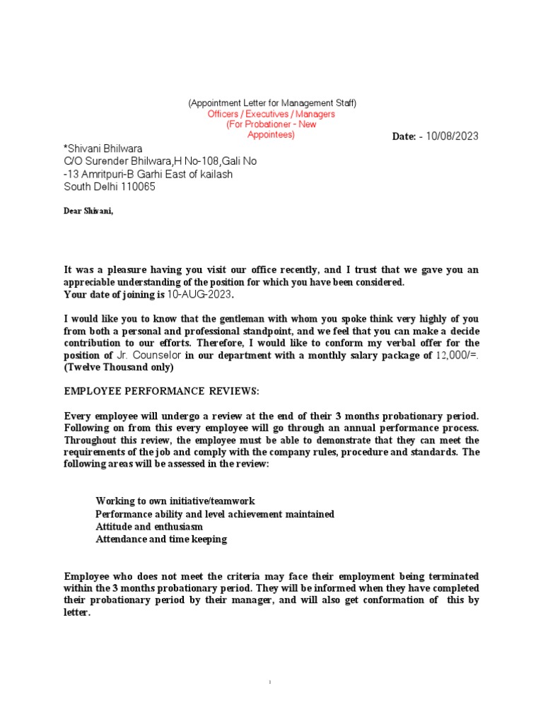 Joinig Letter | PDF | Salary | Employment