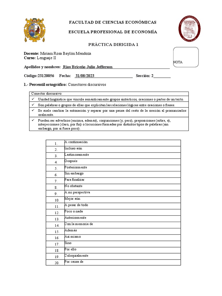 Práctica Dirigida 1 - EP Economía | PDF | Oración (Lingüística) | Gramática
