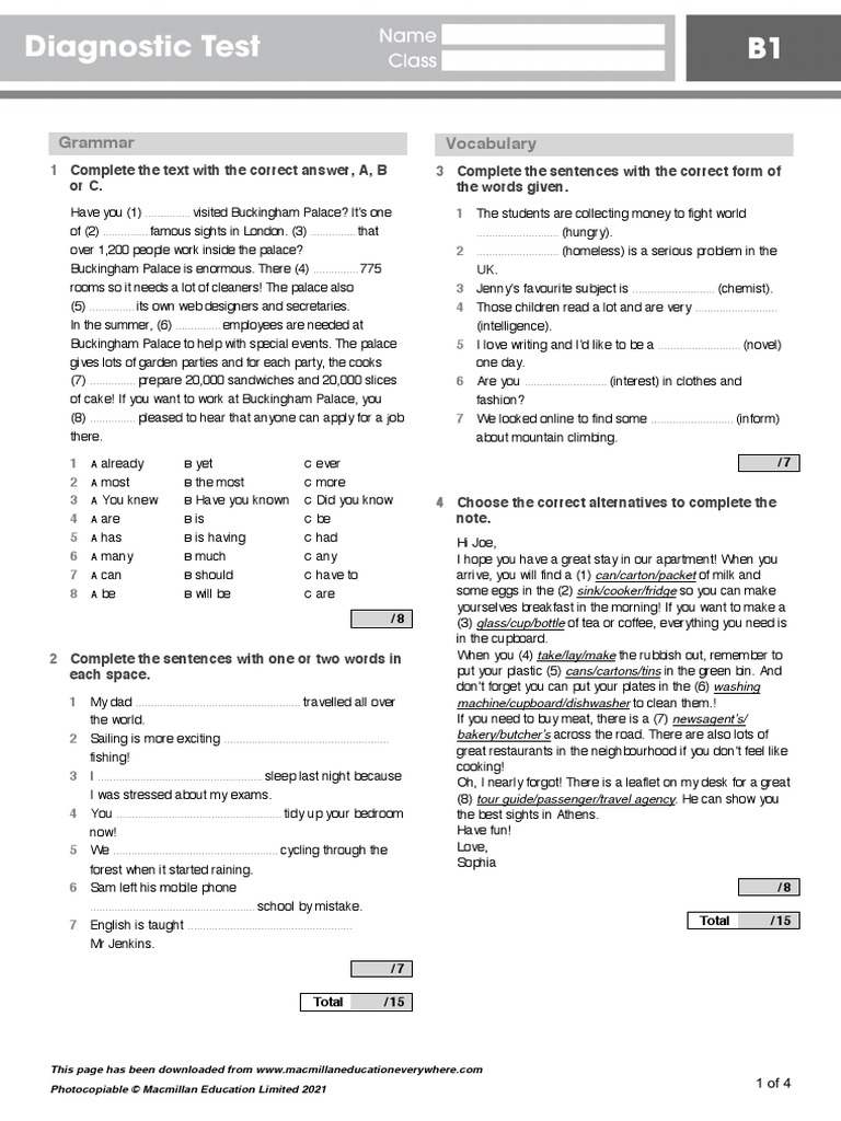 B1 Diagnostic Test | PDF | Food And Drink