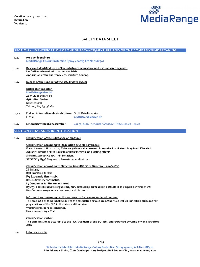 MediaRange Spray Safety Data Sheet | PDF | Dangerous Goods | Toxicity