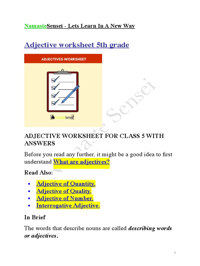 Adjective Worksheet For Class 5 | PDF | Adjective | Noun