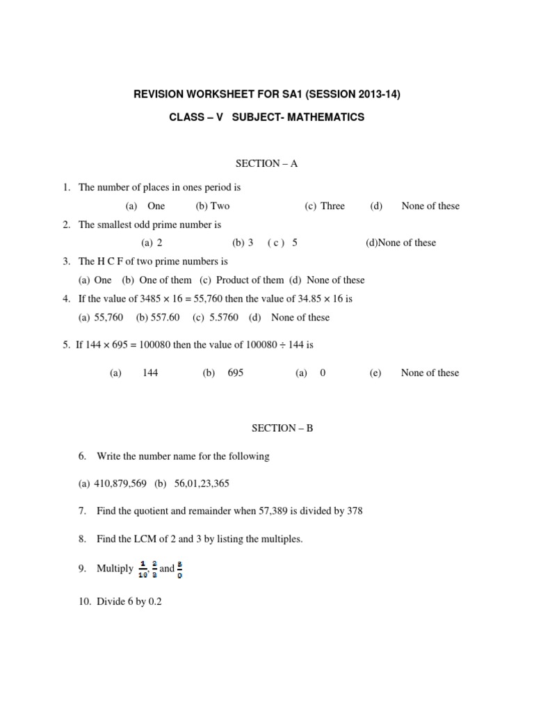 CBSE Class 5 Mathematics Worksheet- Revision (5) | PDF