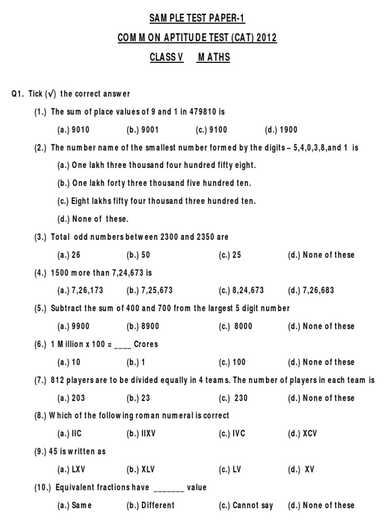 CBSE Class 5 Maths Revision Test Worksheets | PDF | Mathematics ...