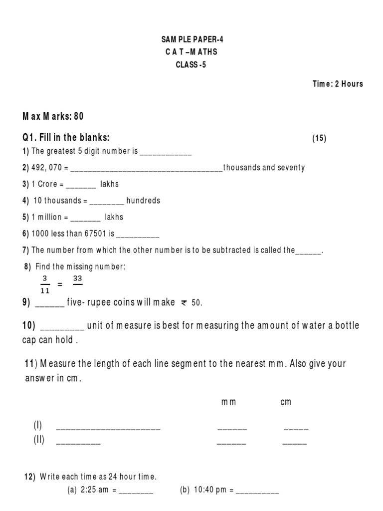 CBSE Class 5 Maths Revision Test Worksheets | PDF | Mathematics