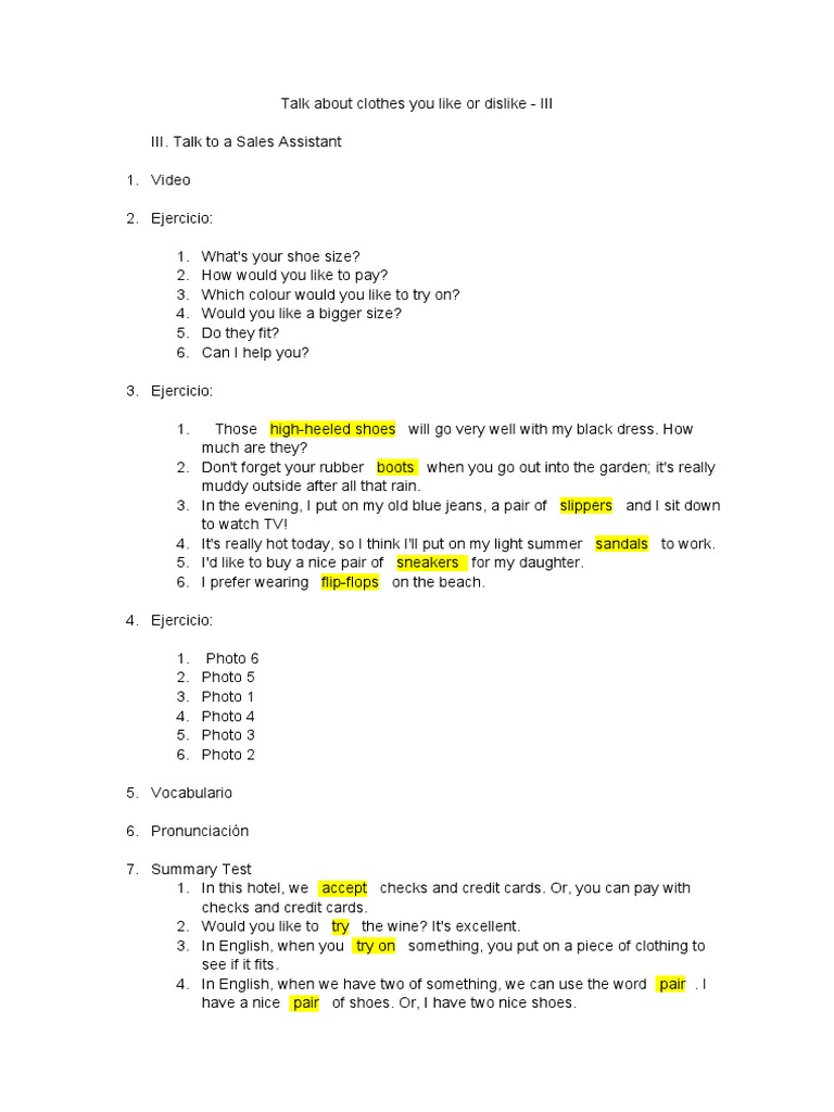 Talk About Clothes You Like or Dislike - III | PDF | Language Arts ...