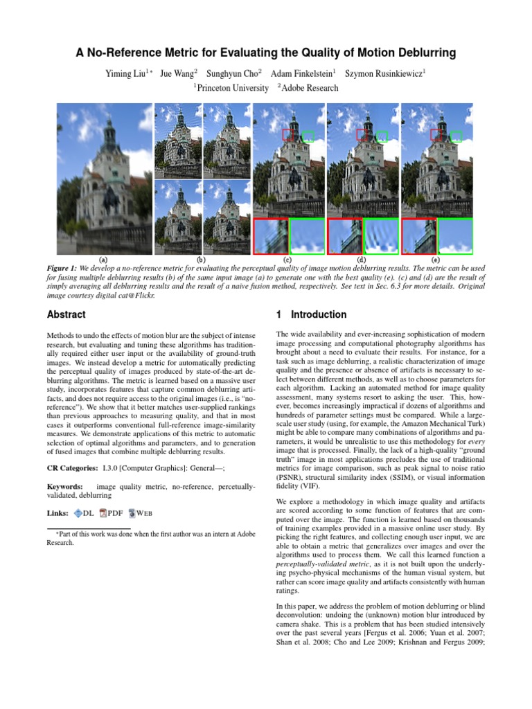 A No-Reference Metric For Evaluating The Quality of Motion Deblurring | PDF | Applied ...