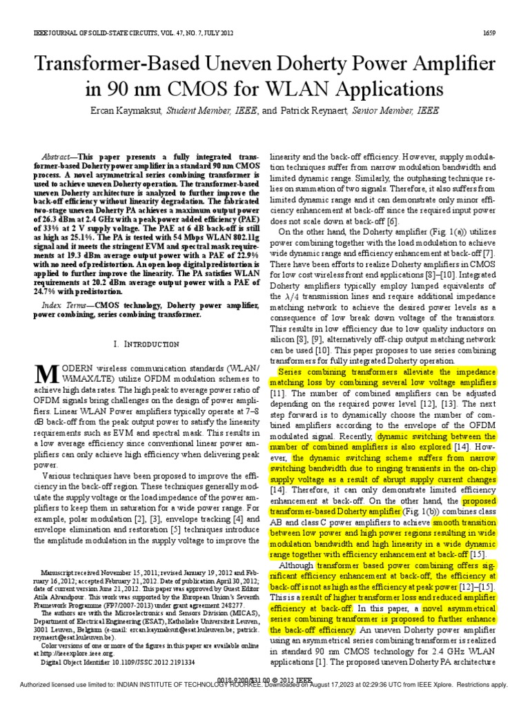 Transformer-Based Uneven Doherty Power Amplifier in 90 NM CMOS For WLAN ...