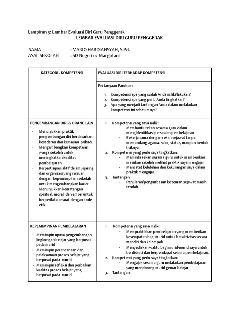 Lampiran 3 - Lembar Evaluasi Diri Guru Penggerak | PDF