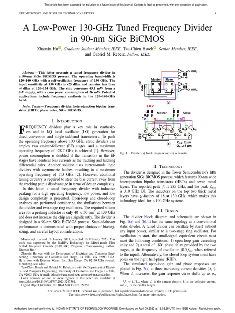 A Low-Power 130-GHz Tuned Frequency Divider in 90-nm SiGe BiCMOS | PDF ...