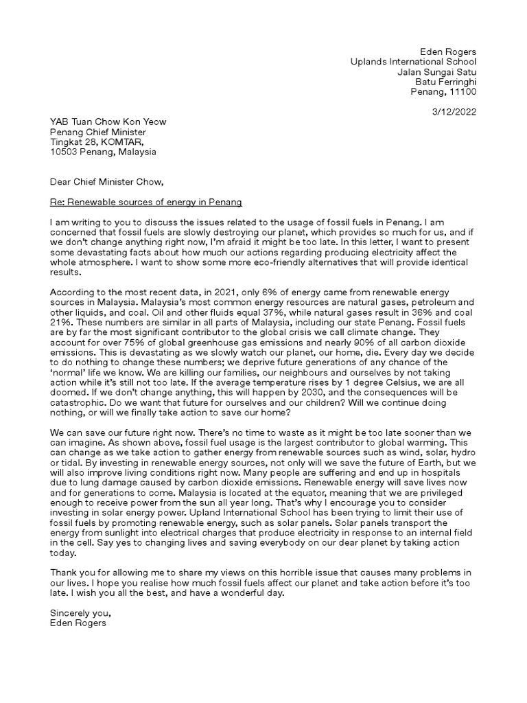 Fossil Fuels Letter | PDF | Renewable Energy | Fuels